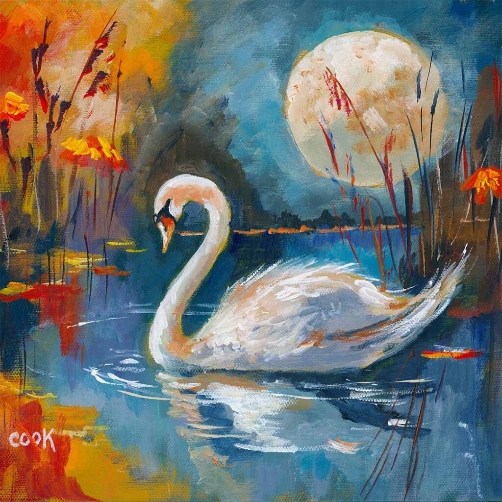 Moonlit Swan Reflection – Academy of Fine Art and Acrylic Painting